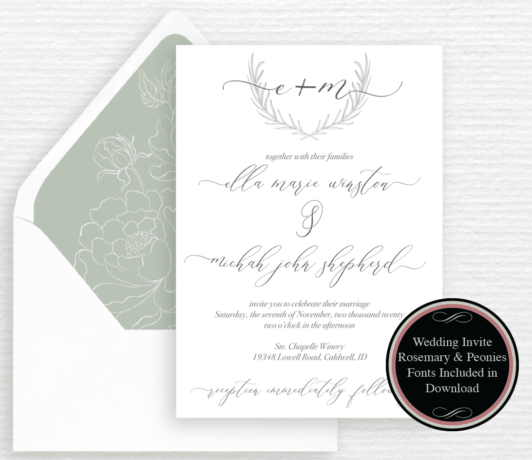 Greenery Rosemary Peonies Floral Wedding Invitation & Ensemble DIY ...