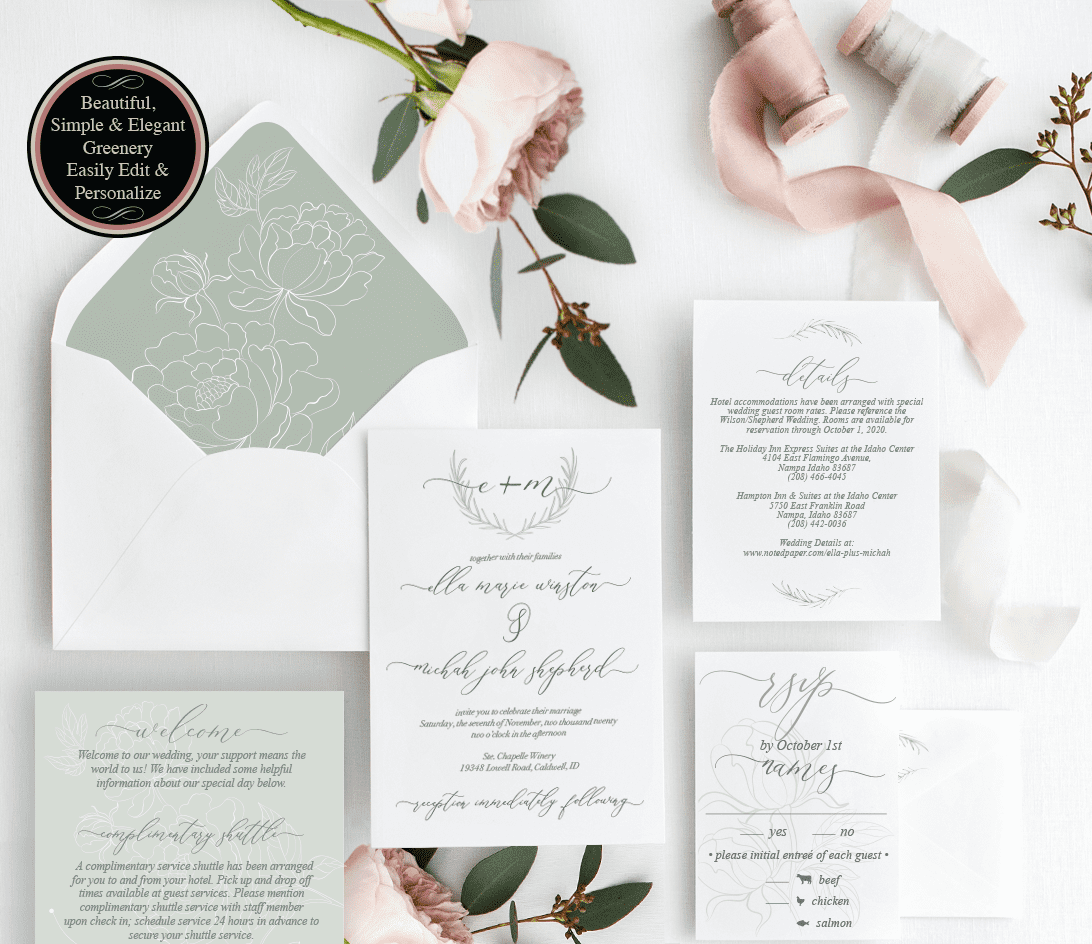 Greenery Rosemary Peonies Floral Wedding Invitation & Ensemble DIY ...